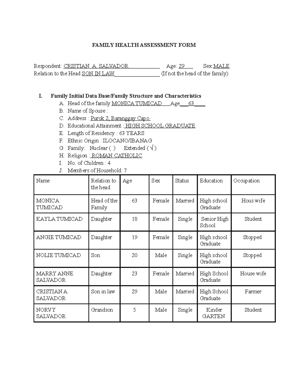 Family Health Assessment Tools 3 - FAMILY HEALTH ASSESSMENT FORM ...
