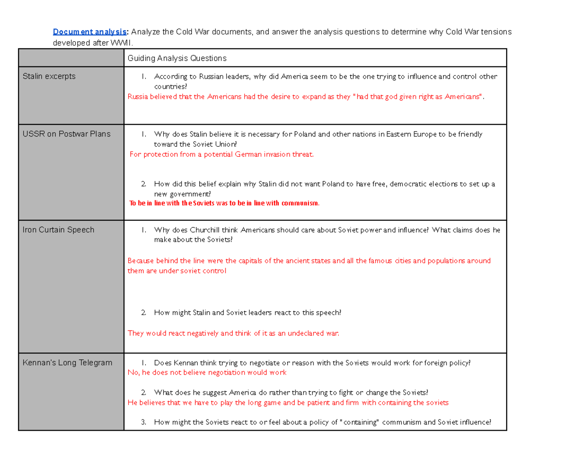 Copy of The Cold War - Document analysis: Analyze the Cold War ...