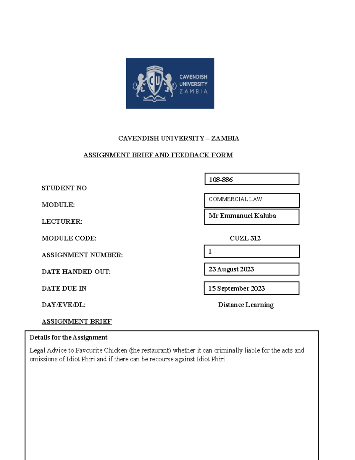Assignment one - commercial law - CAVENDISH UNIVERSITY – ZAMBIA ...
