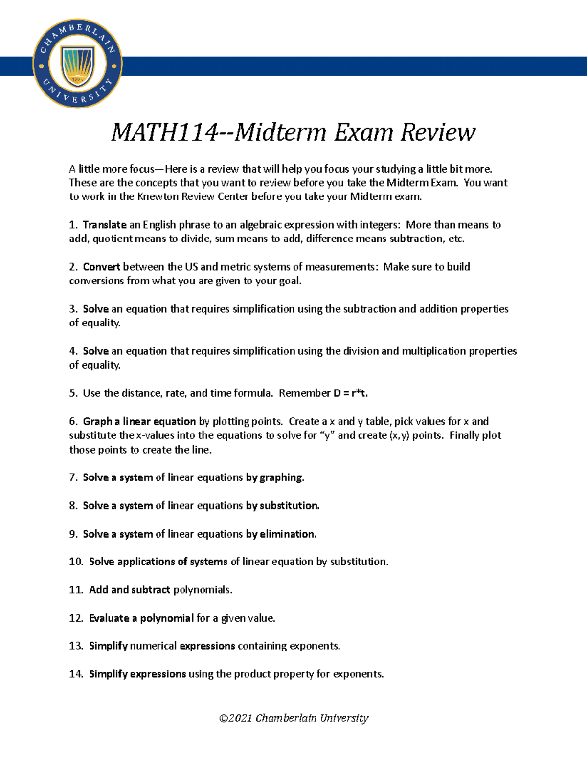 MATH114 Midterm Exam Objectives JAN22 - MATH114-Midterm Exam Review A ...