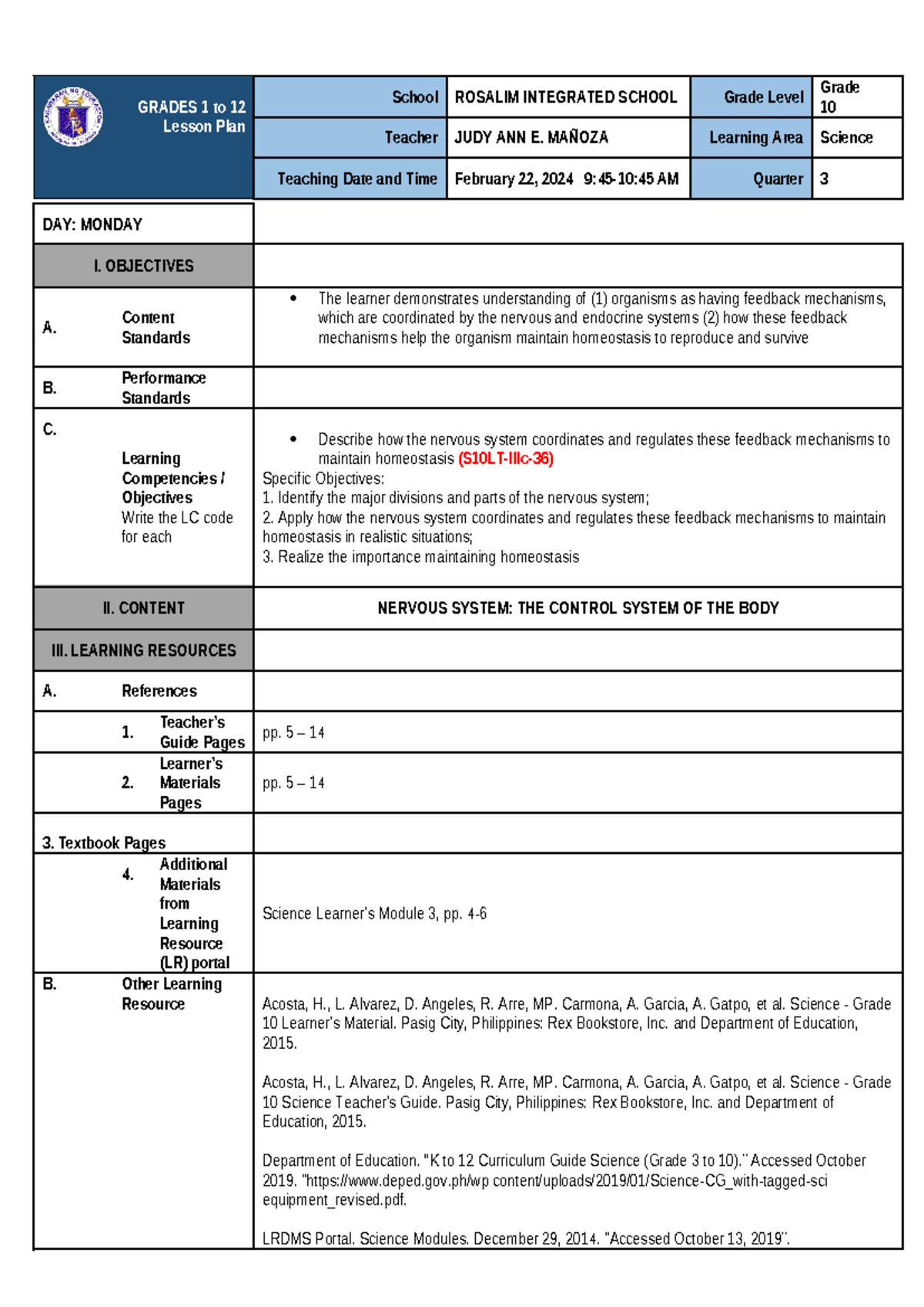 CO Q3 - Grade 10 - homeostasis - GRADES 1 to 12 Lesson Plan School ...
