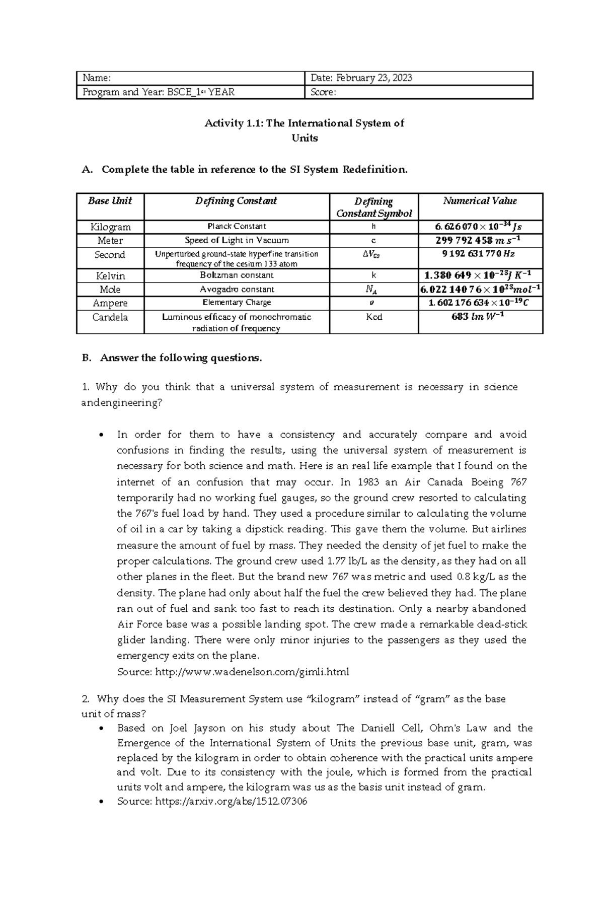 Activity 1.1 The International System of Units - Name: Date: February ...