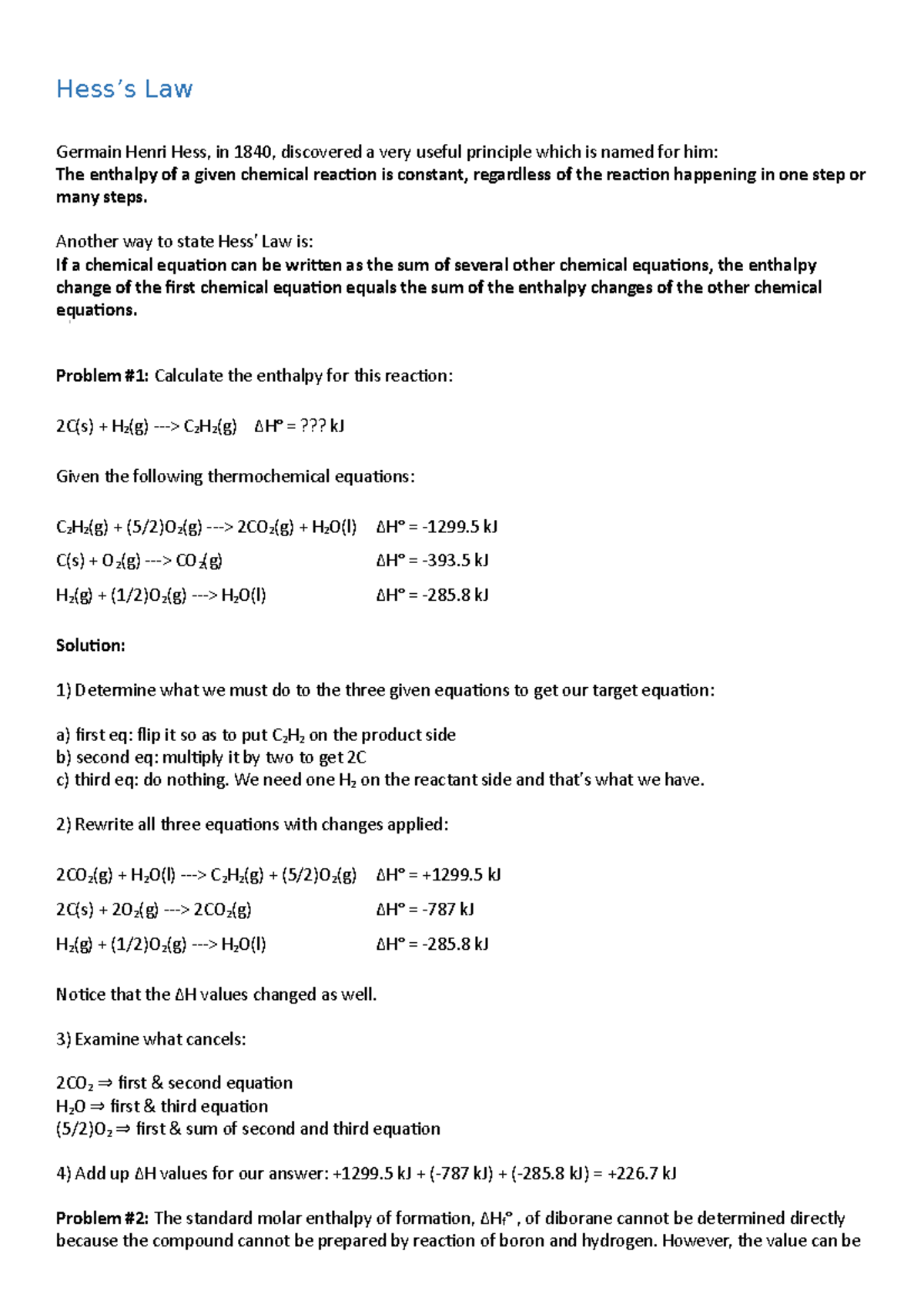 Hess's Law and Examples - Hess’s Law Germain Henri Hess, in 1840 ...