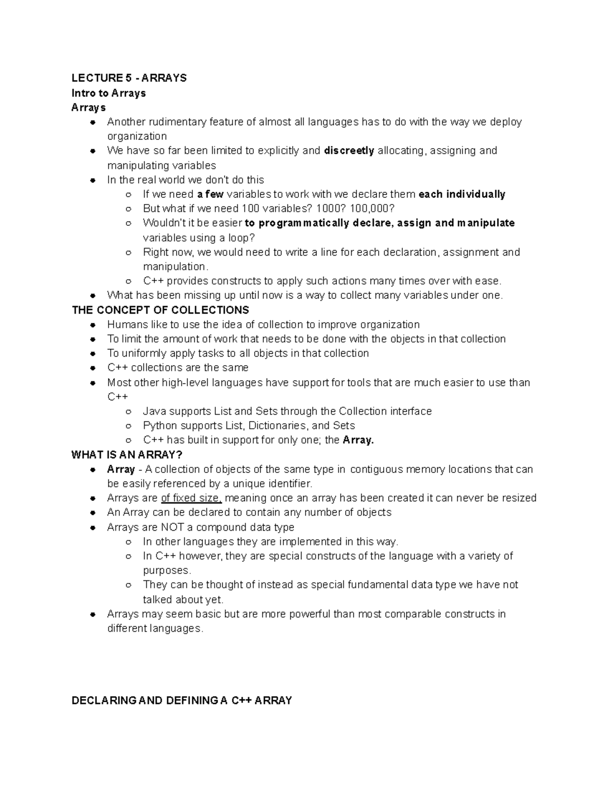 Lecture 5 Notes - Seedorf as the professor - LECTURE 5 - ARRAYS Intro ...