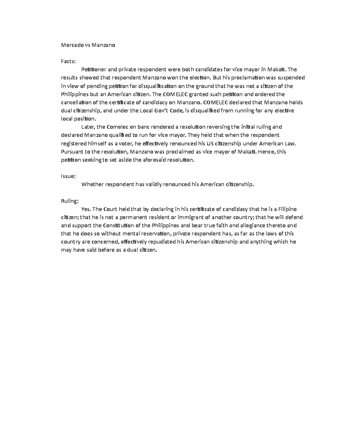 Mercado vs Manzano - case digest - Mercado vs Manzano Facts: Petitioner ...