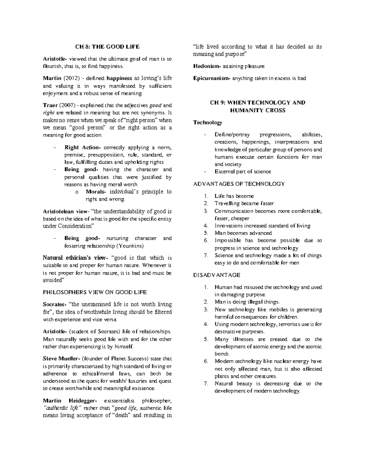 Finals STS review - CH 8: THE GOOD LIFE Aristotle- viewed that the ...
