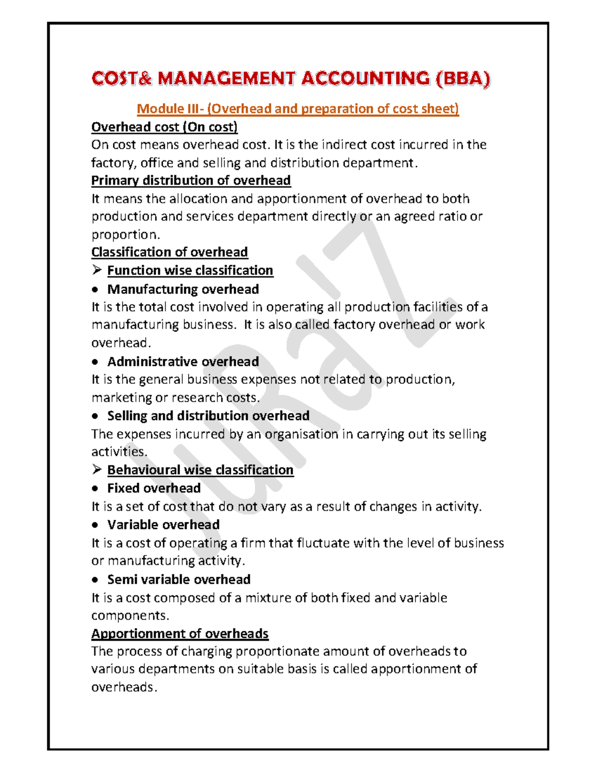 Cost & management accounting- BBA- Module III - Module III- (Overhead and preparation of cost ...