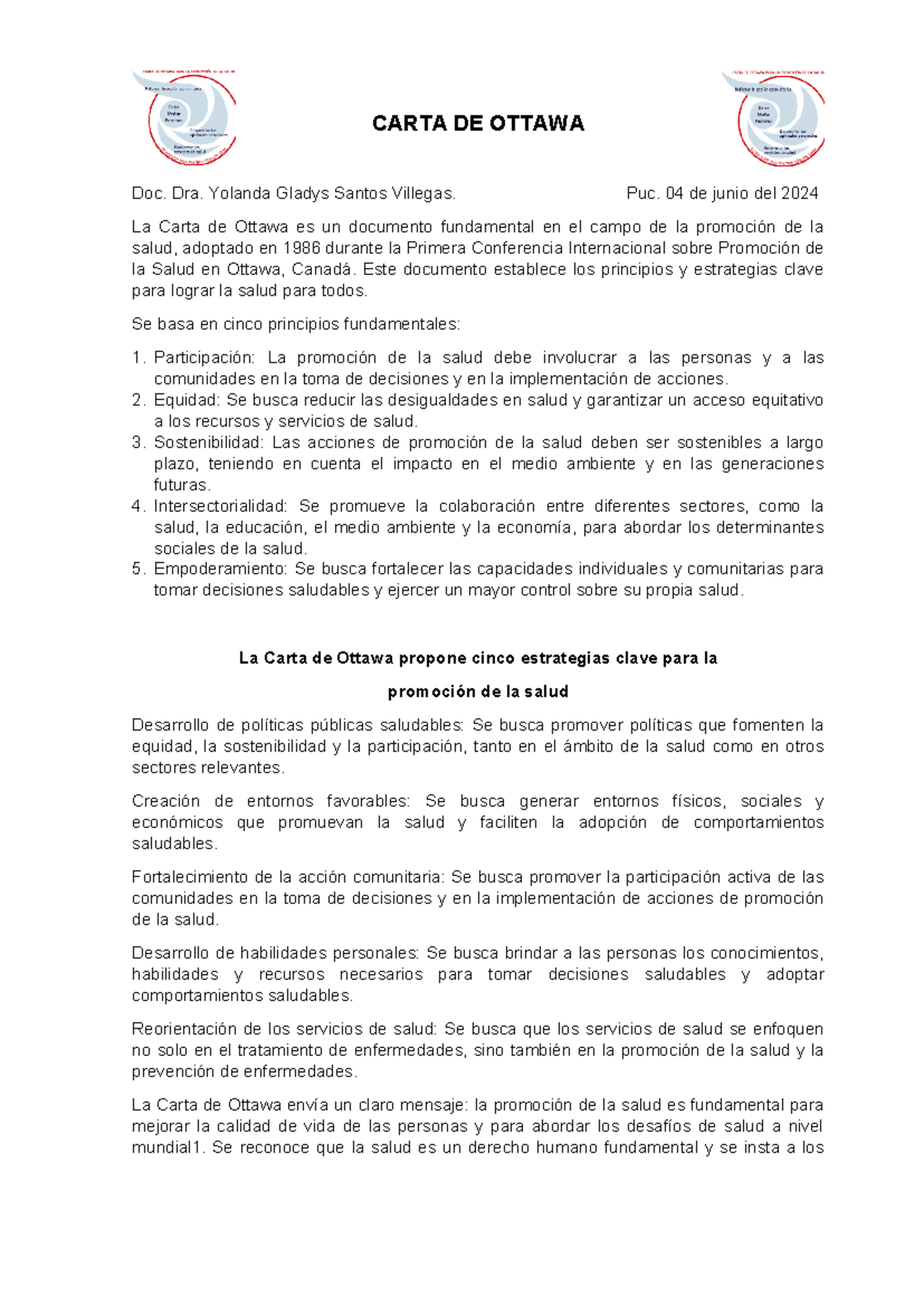 Resumen sobre la Carta de Ottawa - Salud Publica - CARTA DE OTTAWA Doc ...