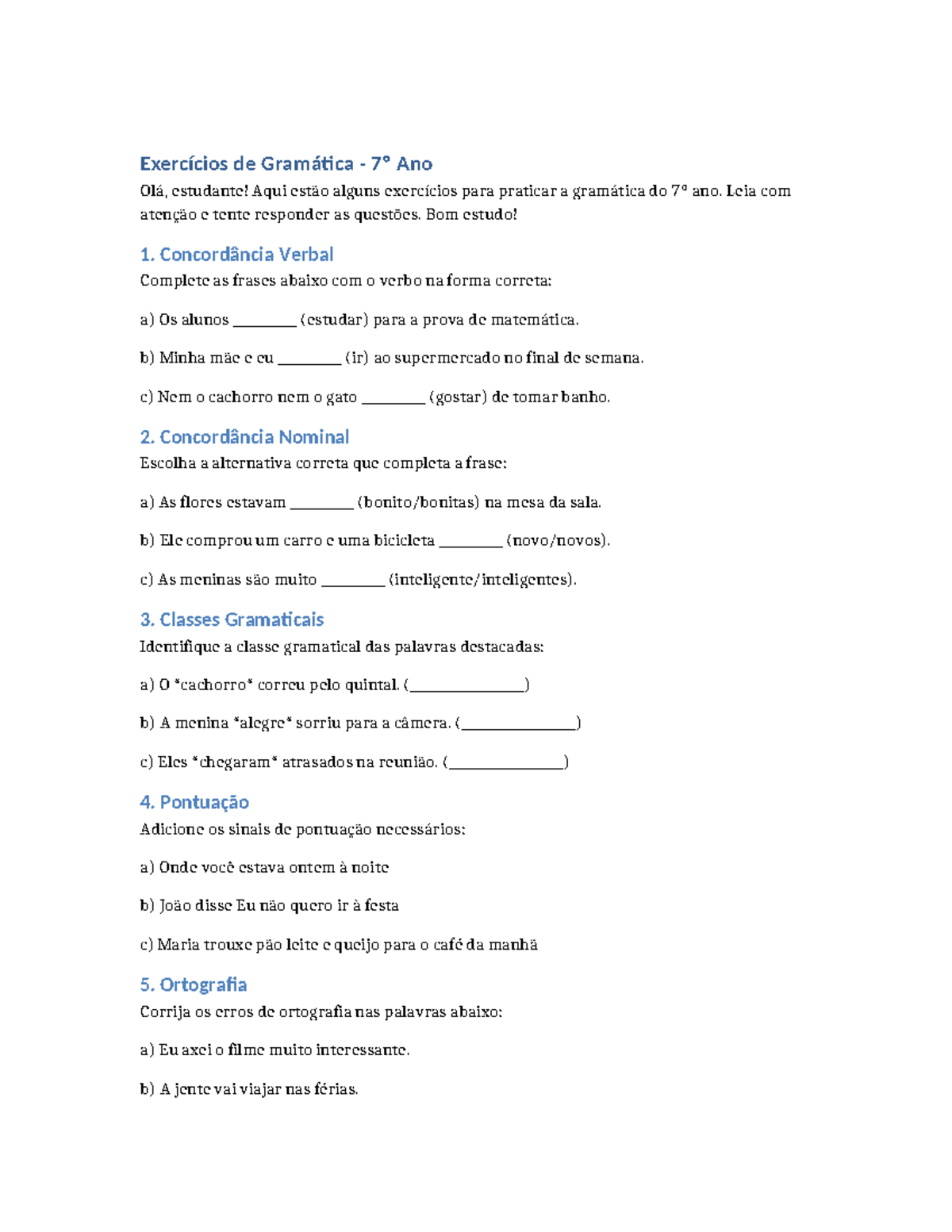 Exercicios Gramatica 7 Ano - Exercícios de Gramática - 7º Ano Olá, estudante! Aqui estão alguns ...