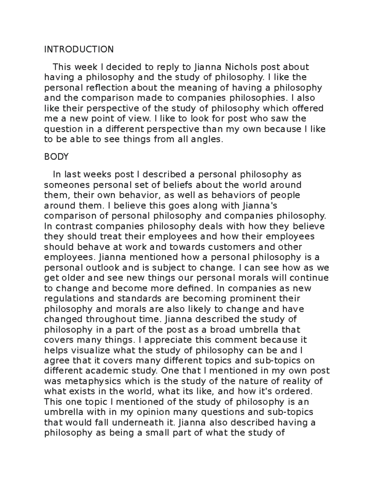 HAP Mf - what does it mean to have a philosophy? - INTRODUCTION This ...