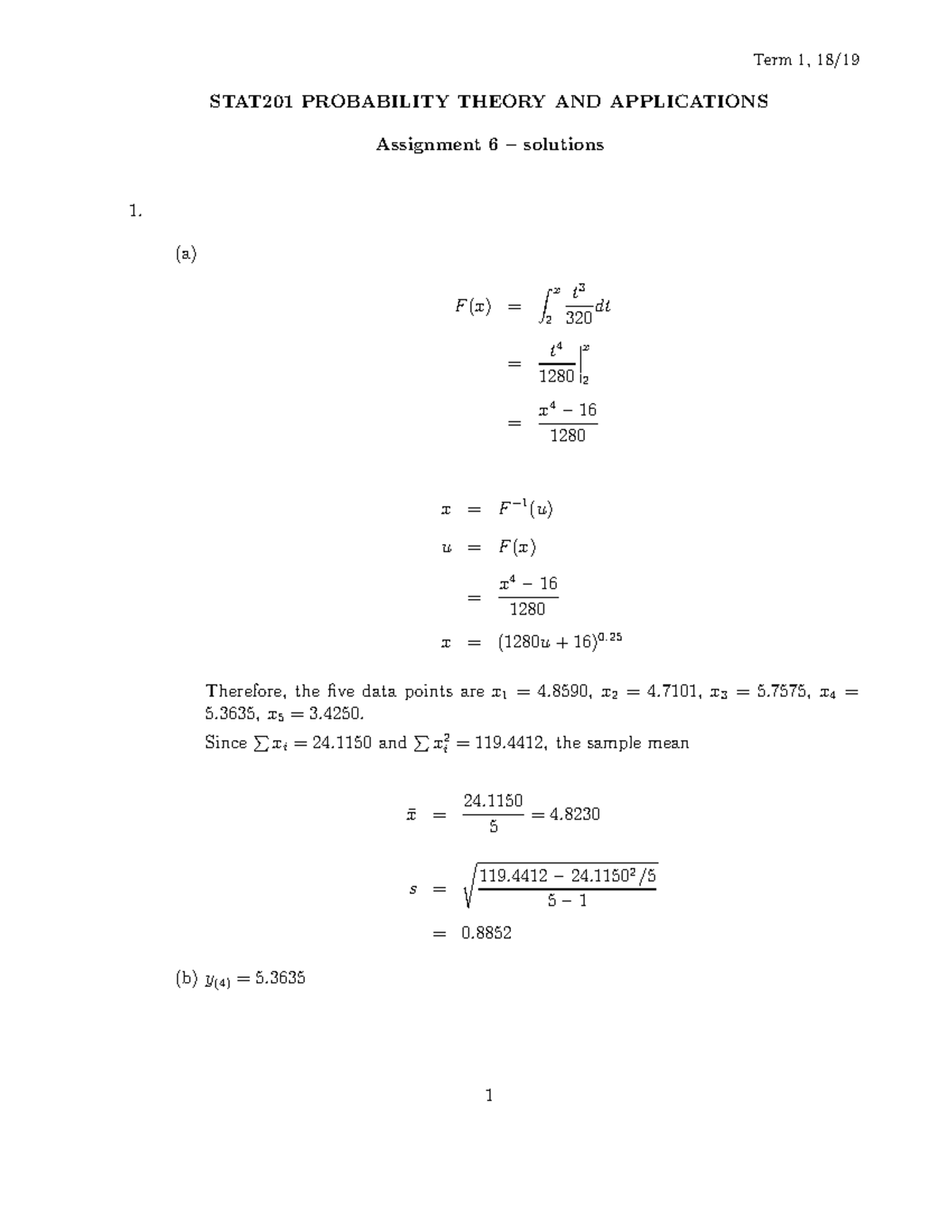 Ans assignment 6 - solutions - Term 1, 18/ STAT201 PROBABILITY THEORY AND APPLICATIONS ...