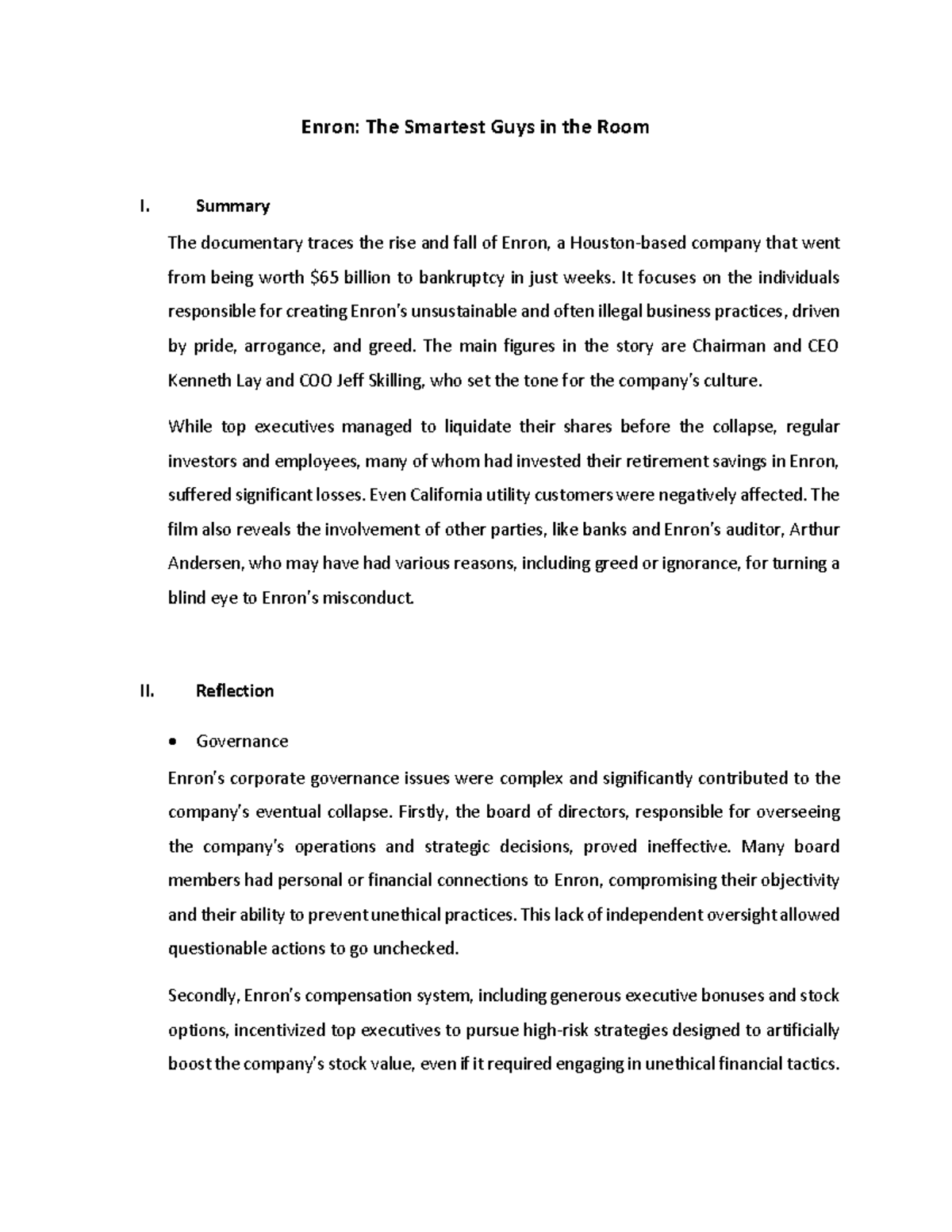 Reflection Paper (Enron) - Enron: The Smartest Guys in the Room I ...