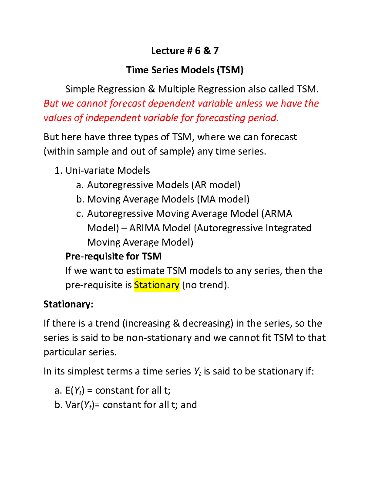 Lecture 6 Econometrics Time Series Models Lecture 6 And 7 Time Series Models Tsm Simple