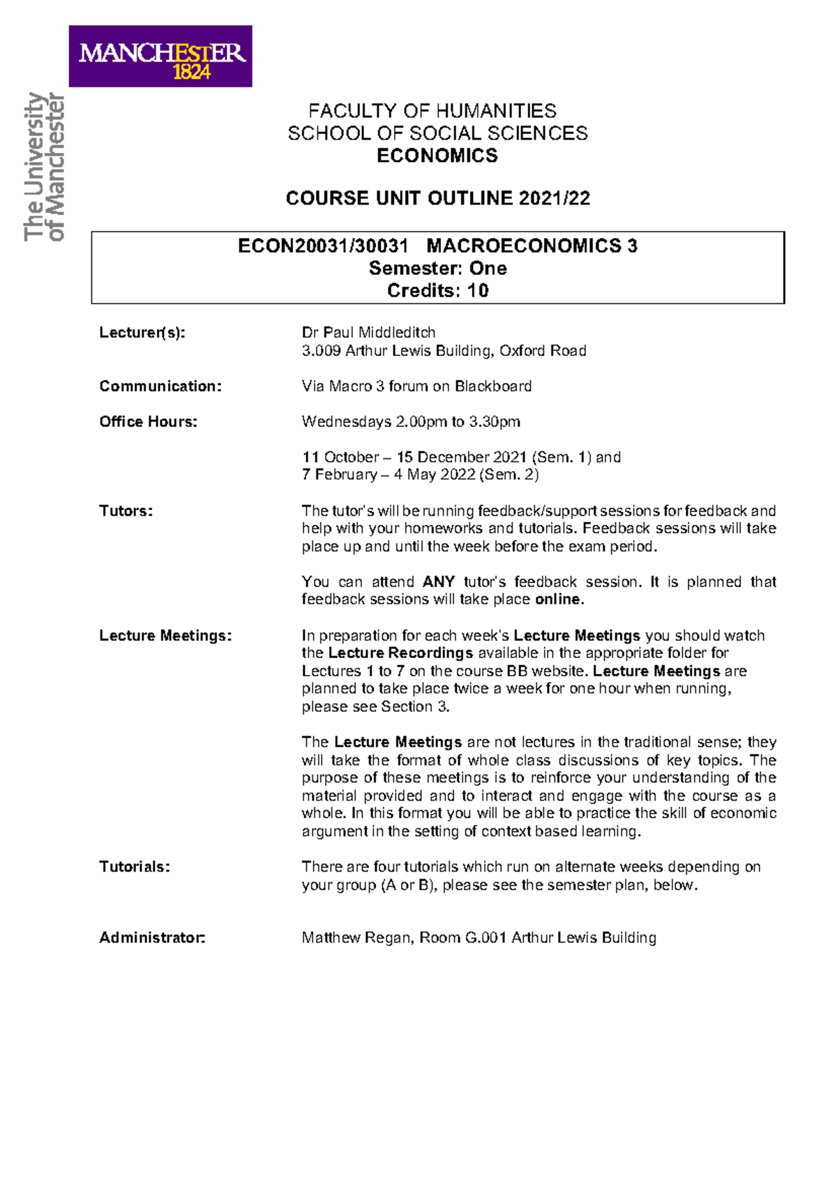 Macroeconomics 2 ECON224 - Course outline - FACULTY OF HUMANITIES ...