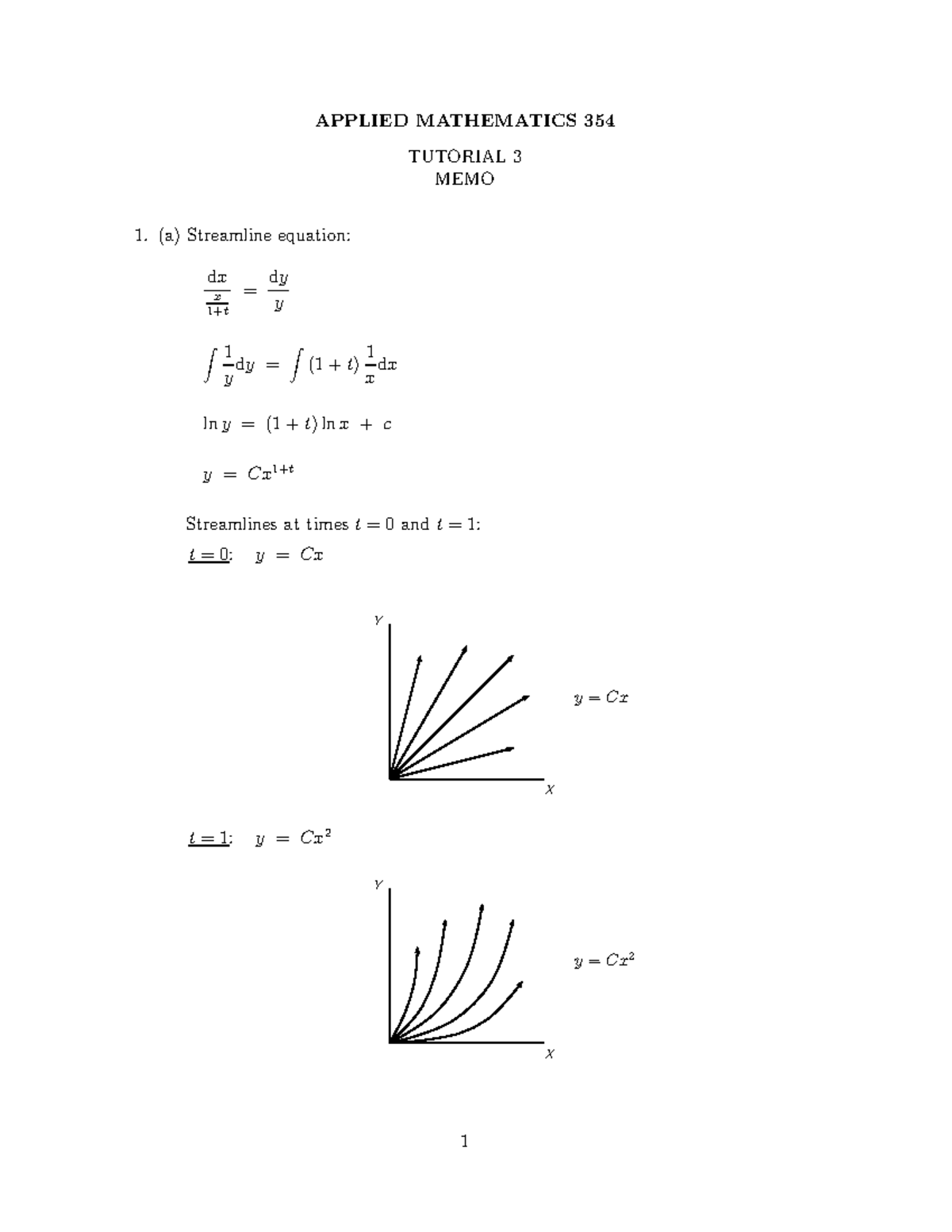 Tutorial 3 memo - Memo - APPLIED MATHEMATICS 354 TUTORIAL 3 MEMO (a) Streamline equation: dx x 1 ...