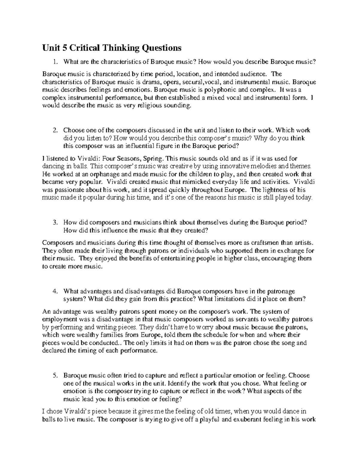 Document 164 - Musi9c Theory - Unit 5 Critical Thinking Questions What ...