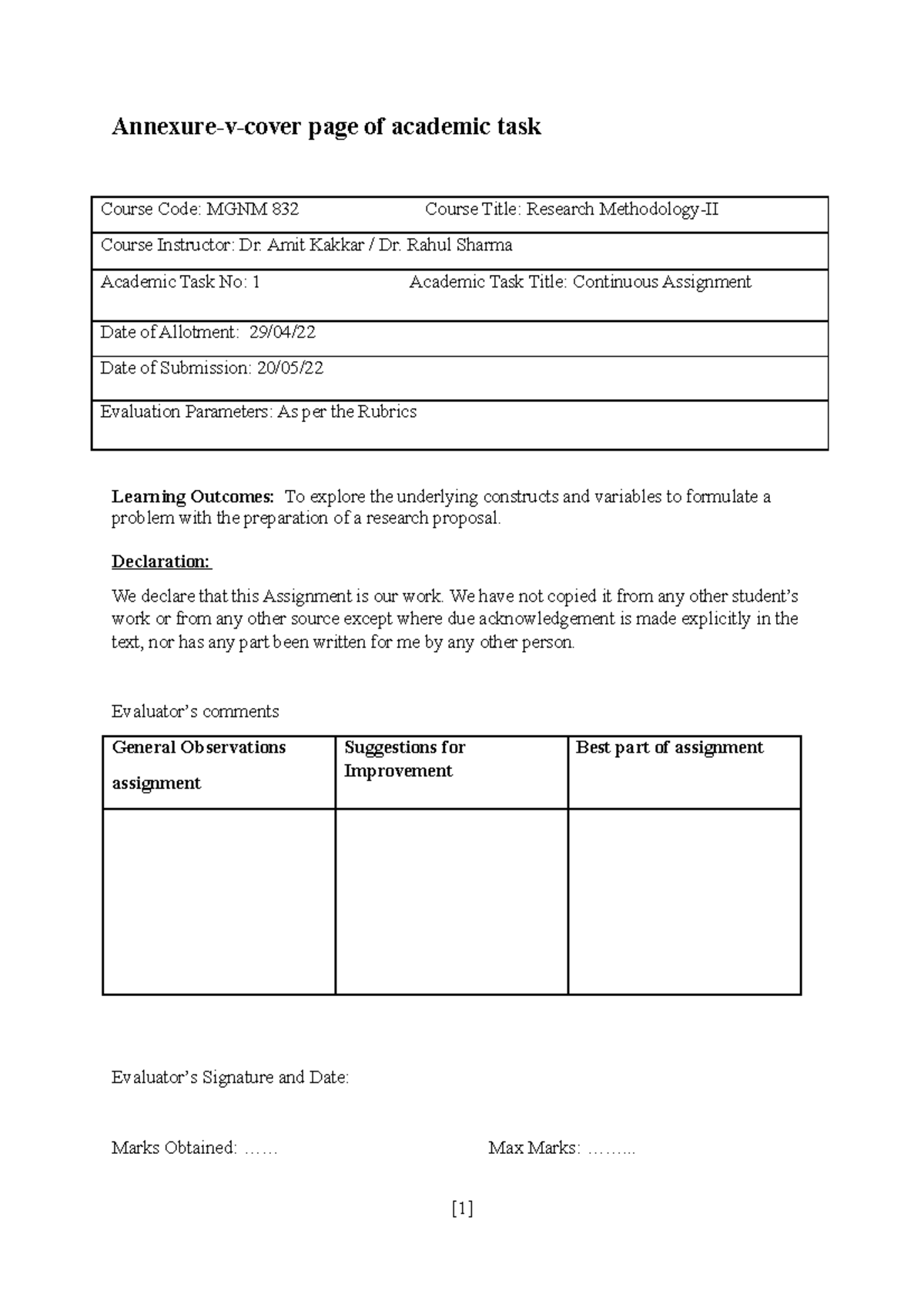 RM CA2 - resource - Annexure-v-cover page of academic task Course Code ...