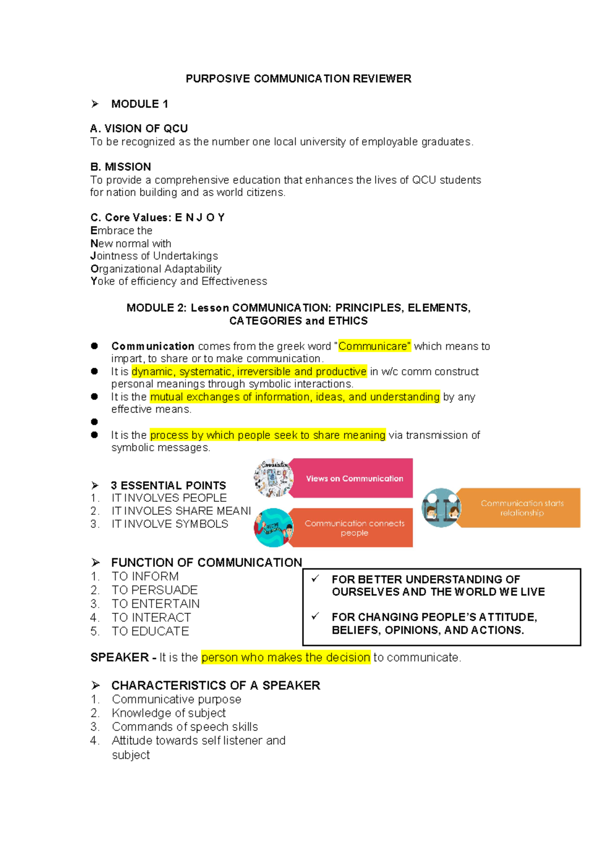 Purposive- Communication- Reviewer - PURPOSIVE COMMUNICATION REVIEWER MODULE 1 A. VISION OF QCU ...