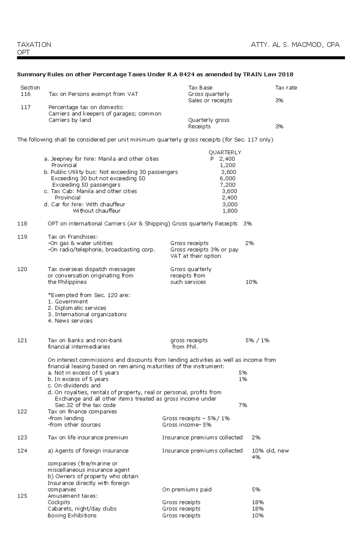 OPT-2 - percentage tax - TAXATION ATTY. AL S. MACMOD, CPA OPT Summary ...