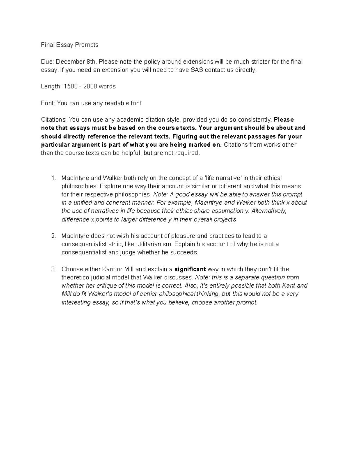 Final Essay Prompts - Final Essay Prompts Due: December 8th. Please note the policy around - Studocu