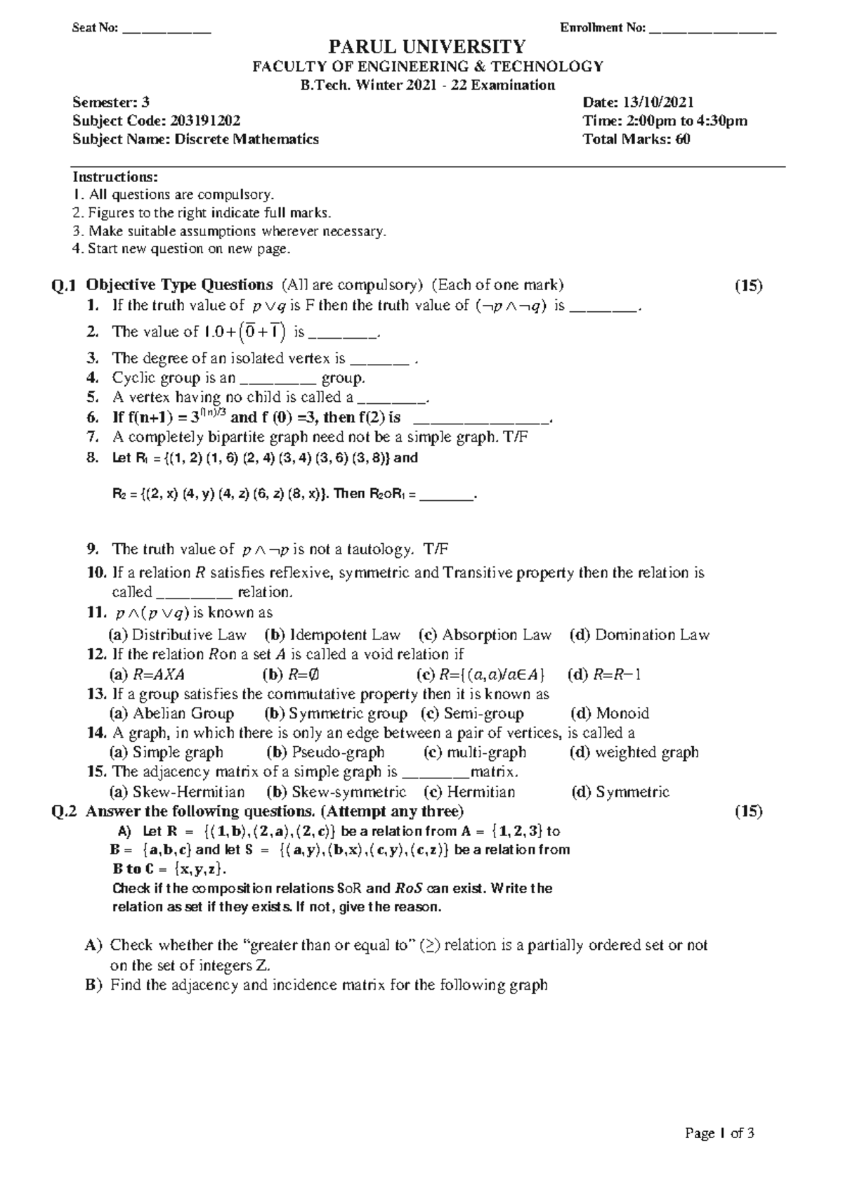 Discrete Mathematics - Page 1 of 3 Seat No: ______________ Enrollment No ...