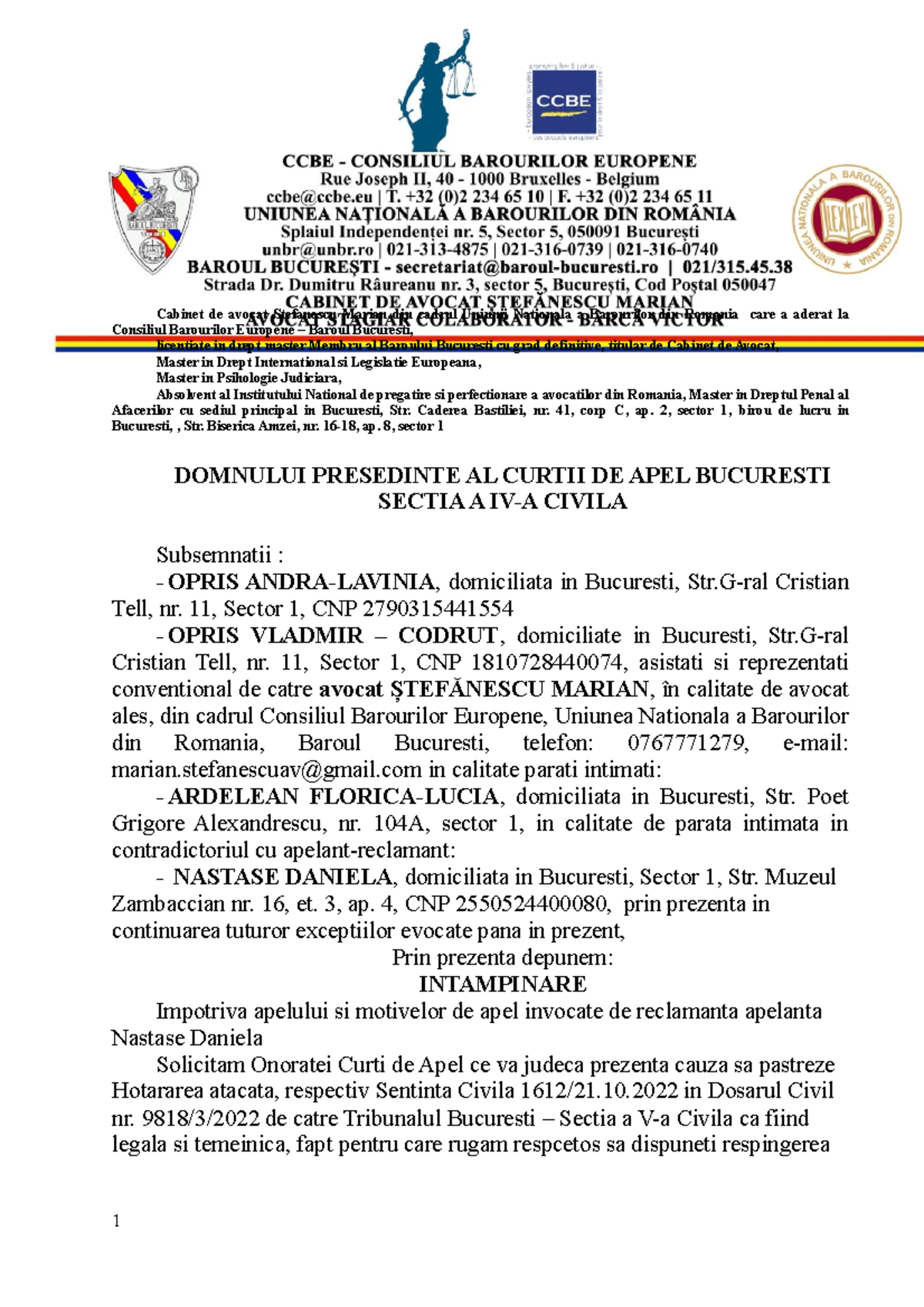 Actiune Opris - intampinare - Cabinet de avocat Stefanescu Marian din ...