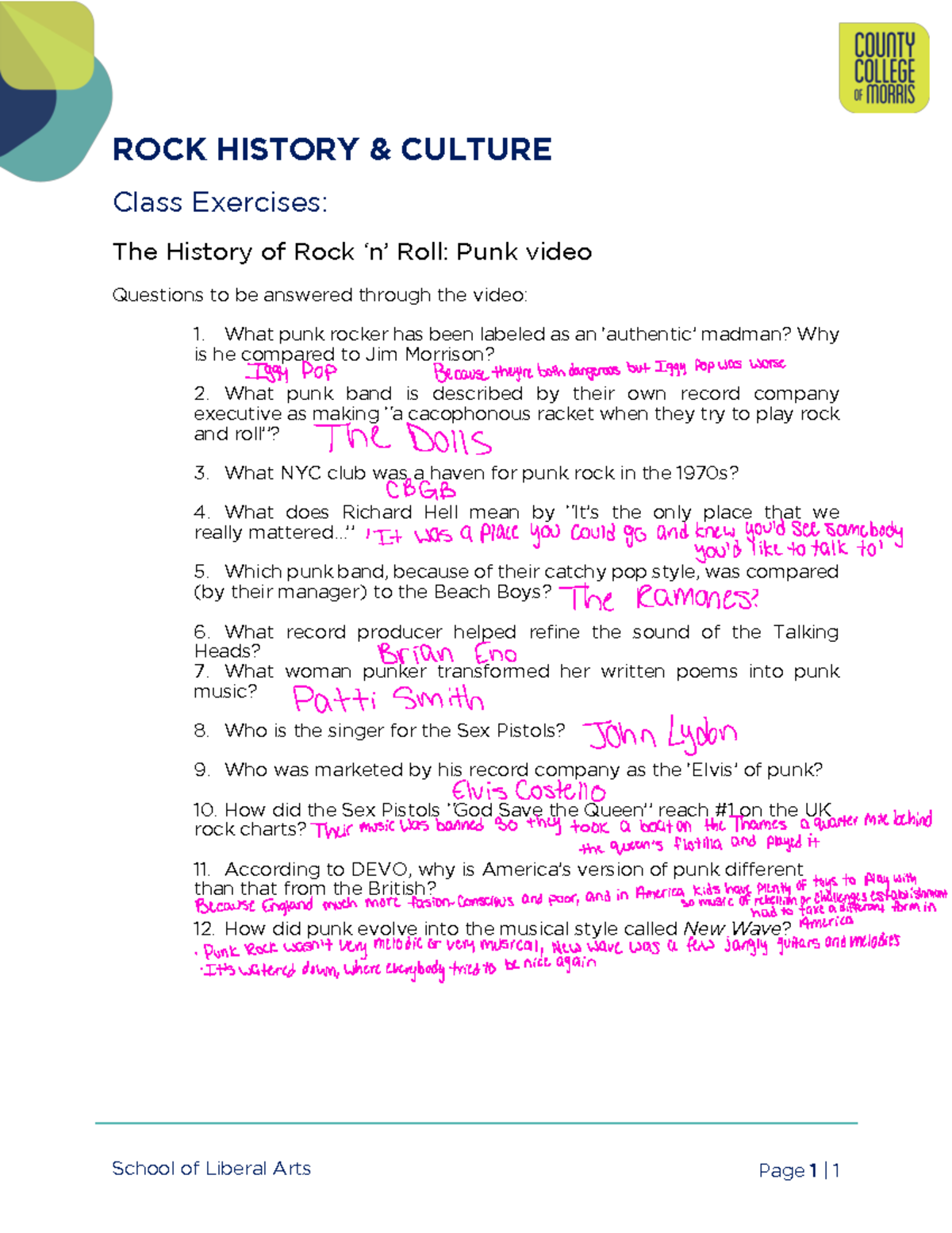 Punk Worksheet - class work - School of Liberal Arts Page 1 | 1 ROCK ...