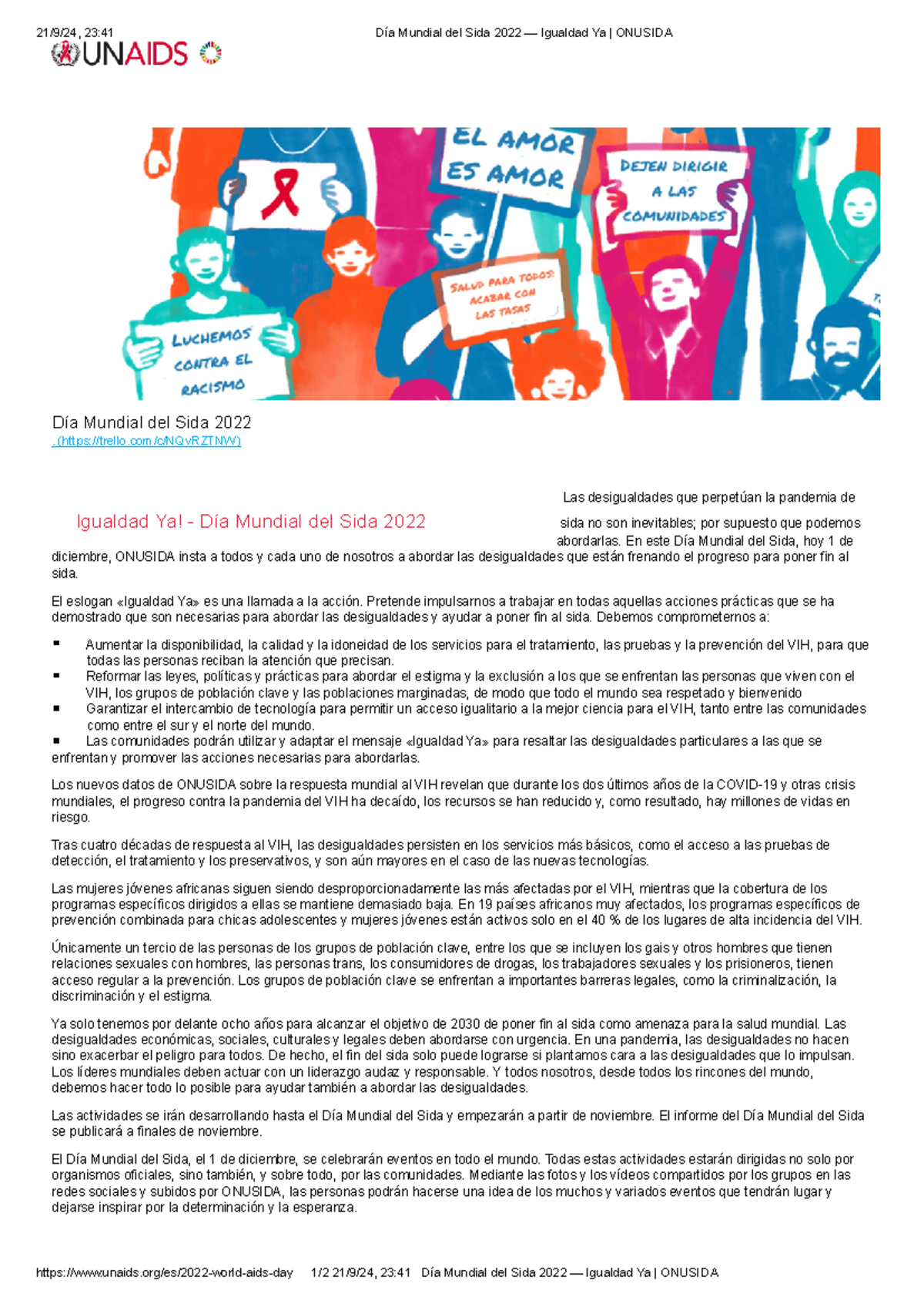 Día Mundial del Sida 2022 — Igualdad Ya Onusida - (trello/c/NQvRZTNW) Las desigualdades que ...