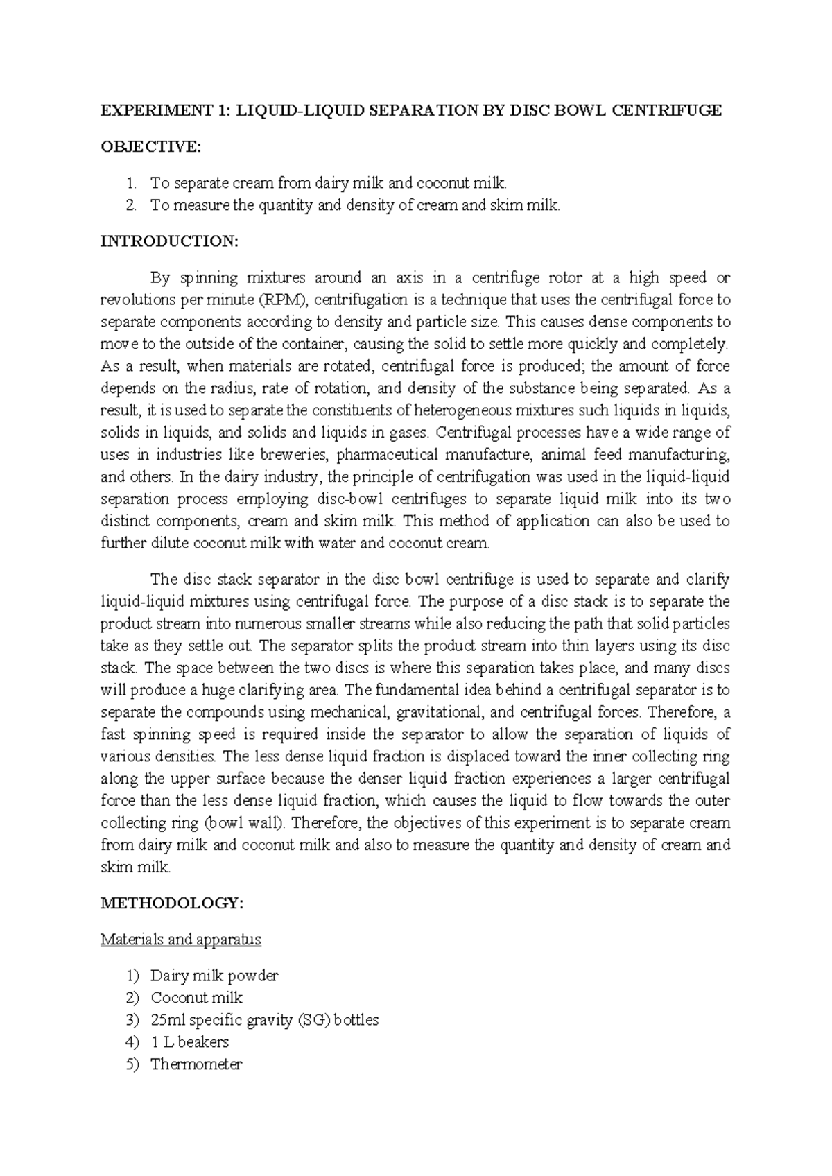 Experiment 1 (Liquid-liquid separation by disk bowl centrifuge ...