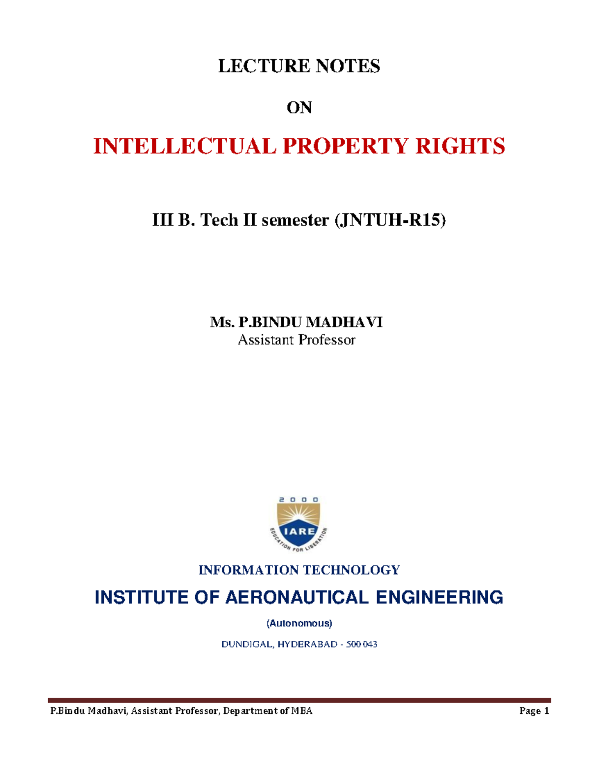 IPR Notes for llb - LECTURE NOTES ON INTELLECTUAL PROPERTY RIGHTS III B ...