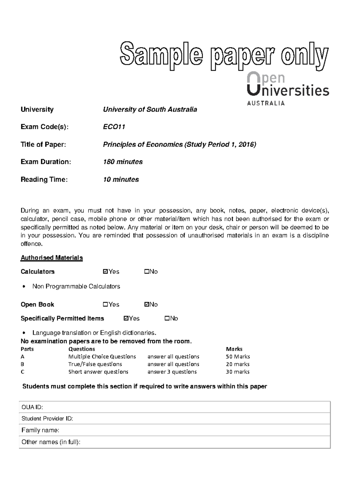 Sample exam to practice for exam 2016 - University University of South ...