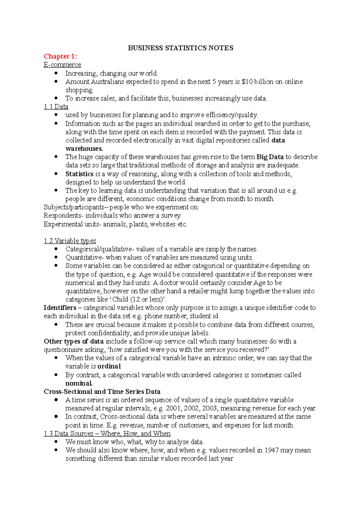 Business Statistics Notes - BUSINESS STATISTICS NOTES Chapter 1: E ...