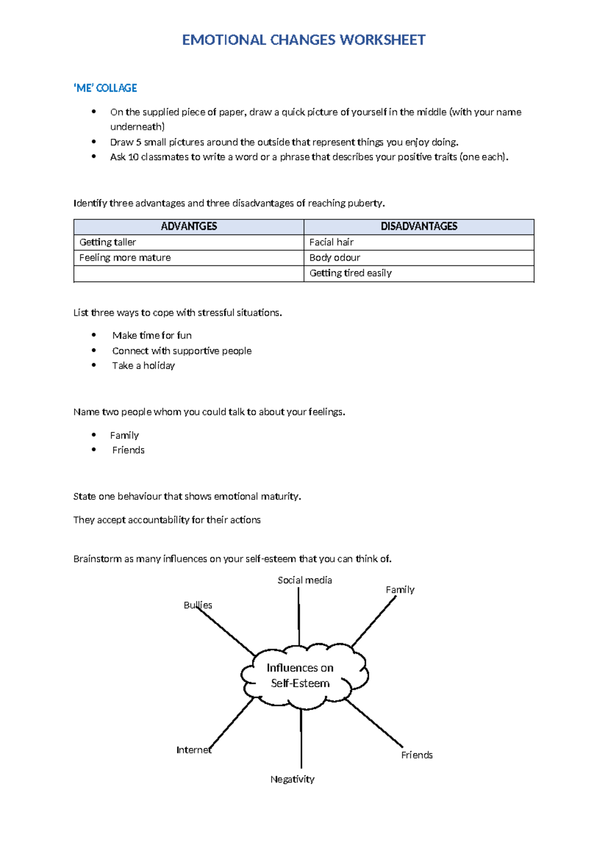 Emotional Changes worksheet HPE year 7 - EMOTIONAL CHANGES WORKSHEET ...
