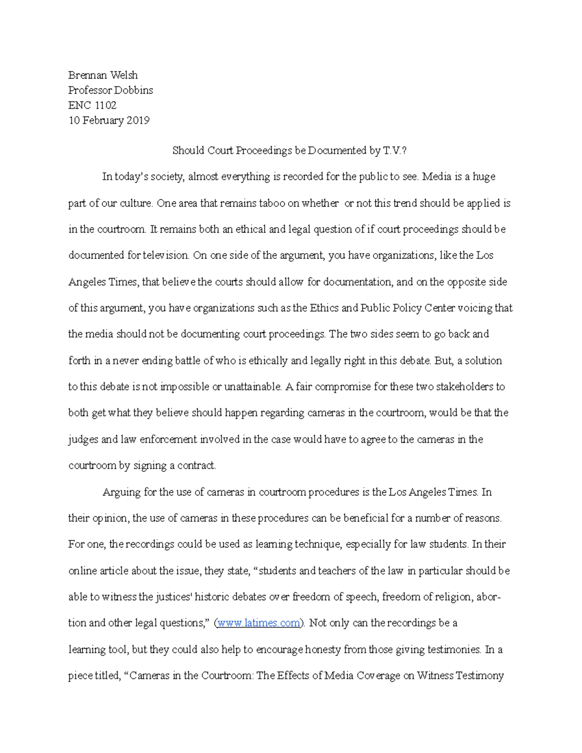 Comp paper- word doc - Grade: A - Brennan Welsh Professor Dobbins ENC ...