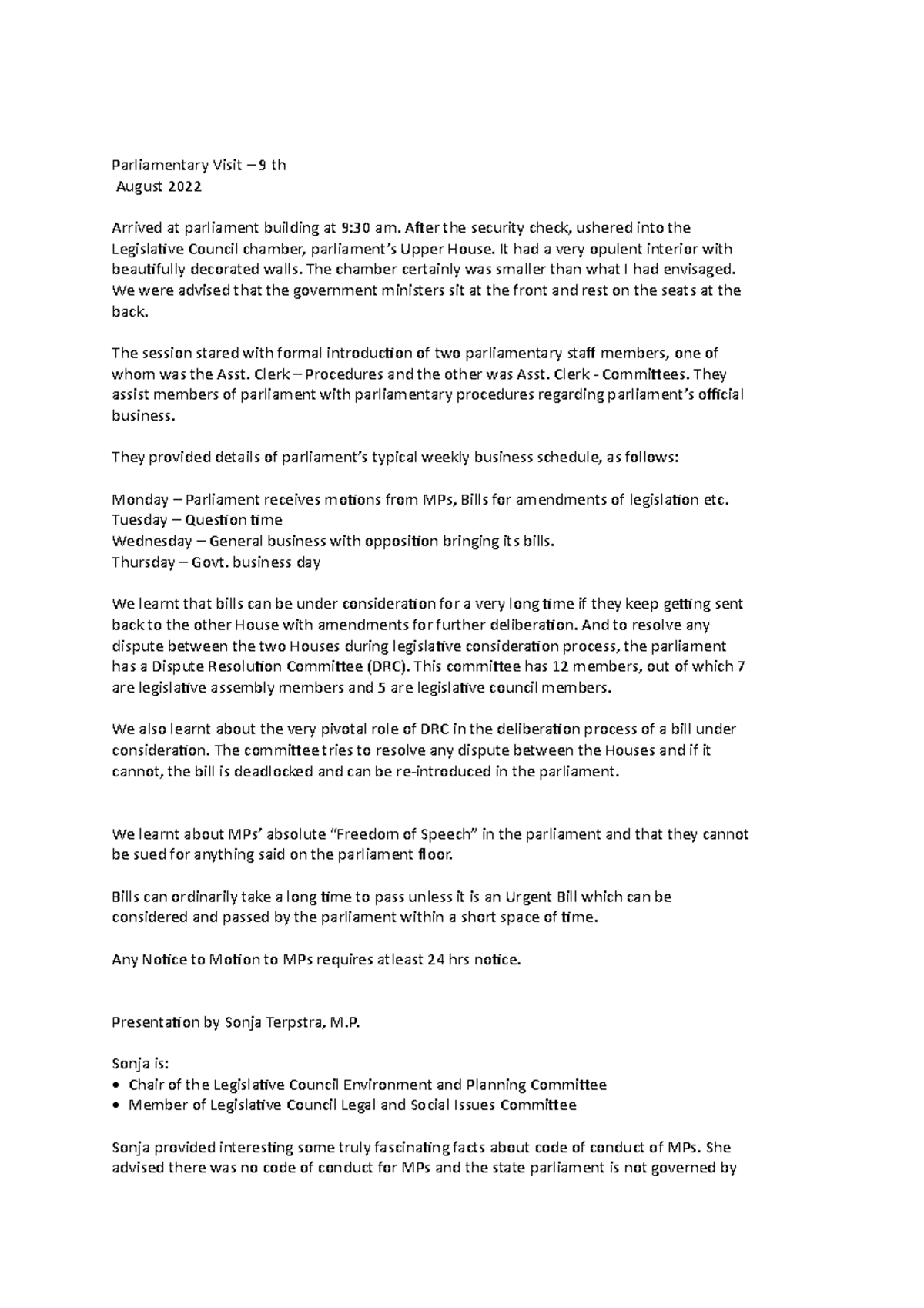 Parliament visit notes - Parliamentary Visit – 9 th August 2022 Arrived ...