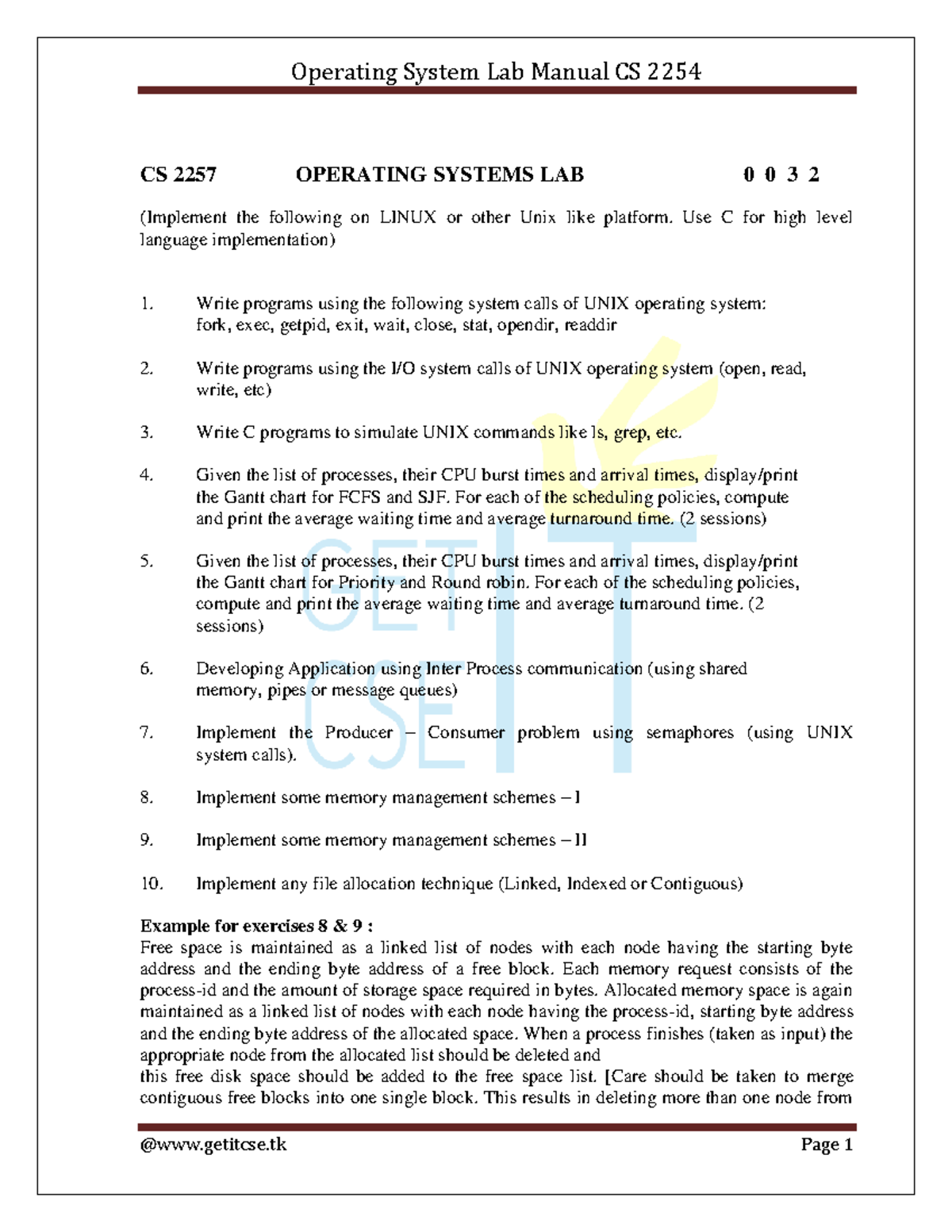 Cs 2254 lab manual - CS 2257 OPERATING SYSTEMS LAB 0 0 3 2 (Implement ...