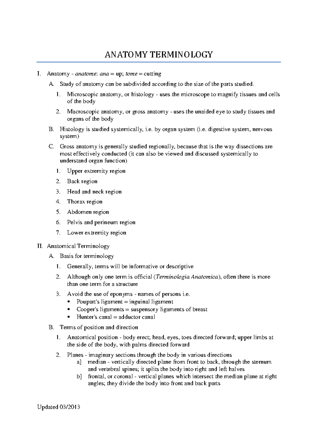 Introduction to basic human anatomy - ANATOMY TERMINOLOGY I. Anatomy ...