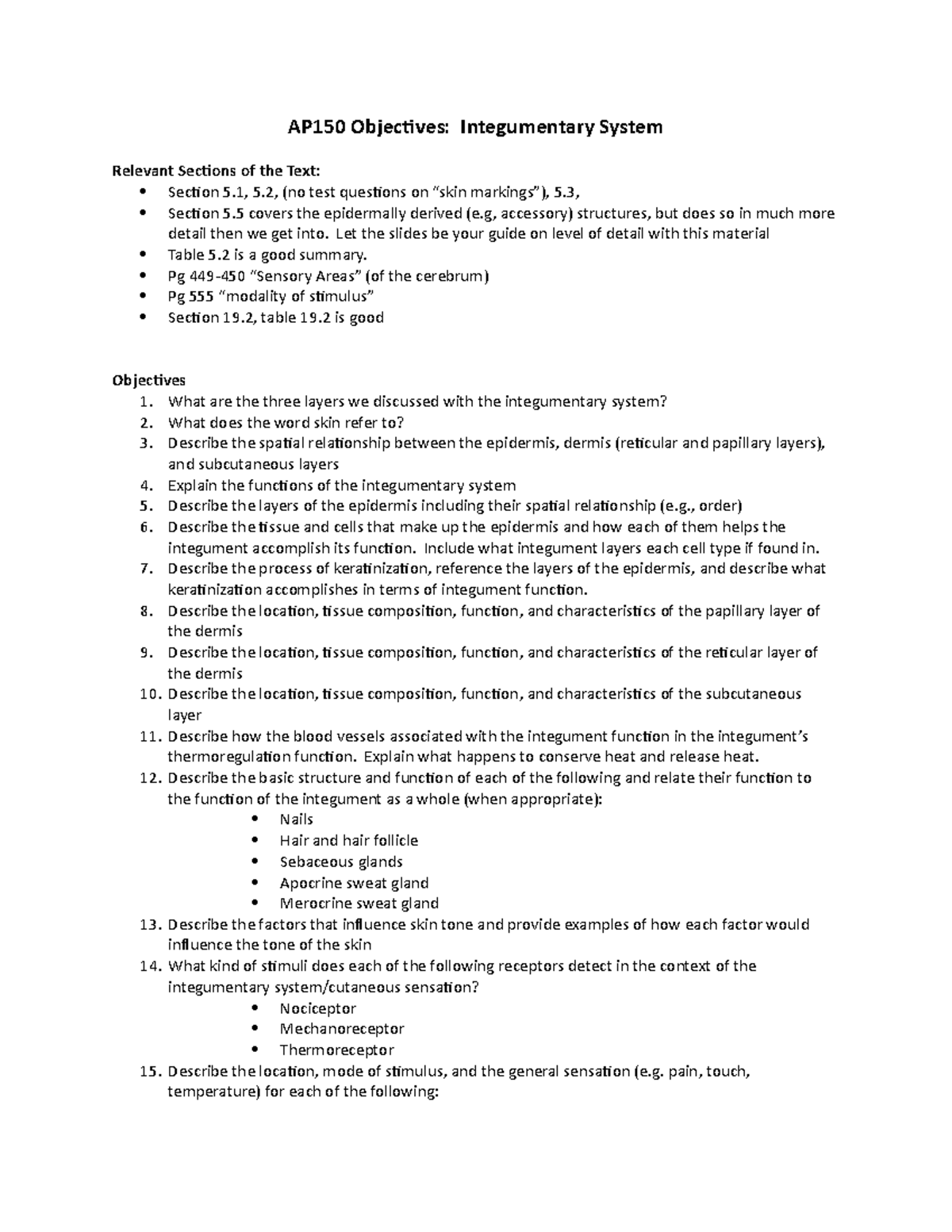 AP150+Integument+Objectives - AP150 Objectives: Integumentary System ...