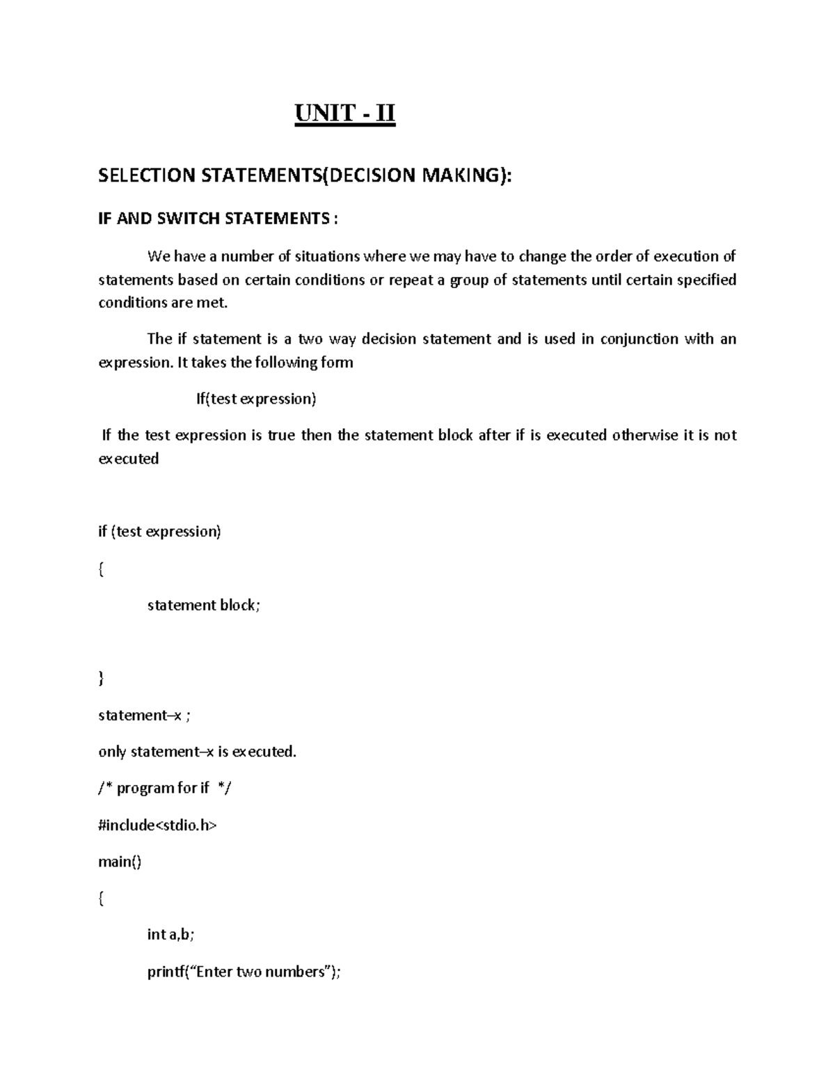 Programming for Problem Solving Unit 2 - UNIT - II SELECTION STATEMENTS ...