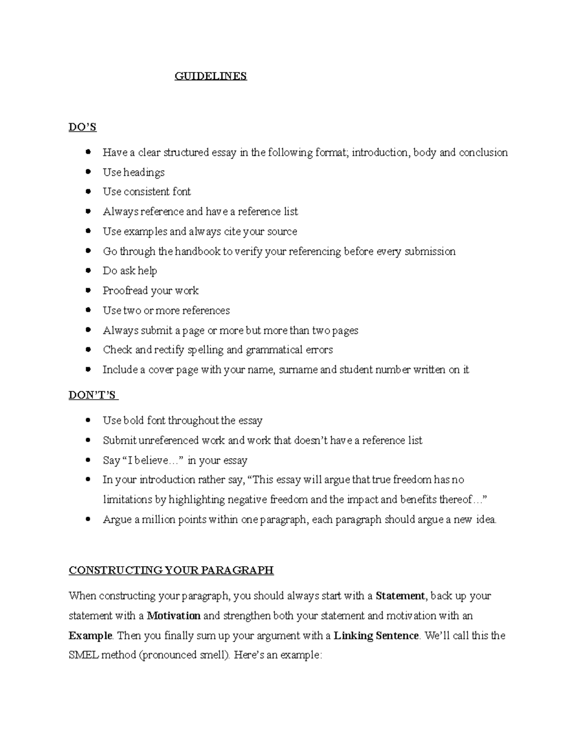 Guidelines To Essay Writing GUIDELINES DO S Have A Clear Structured