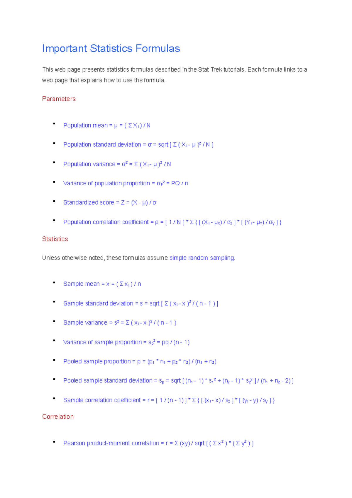 Important Statistics Formulas - Commercial law - KU - Studocu