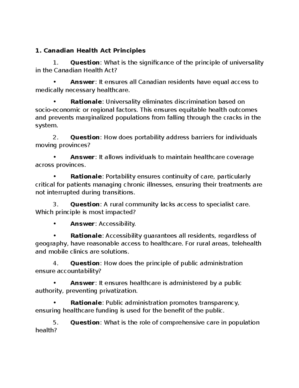 Exam Final Community H’s - Canadian Health Act Principles Question ...