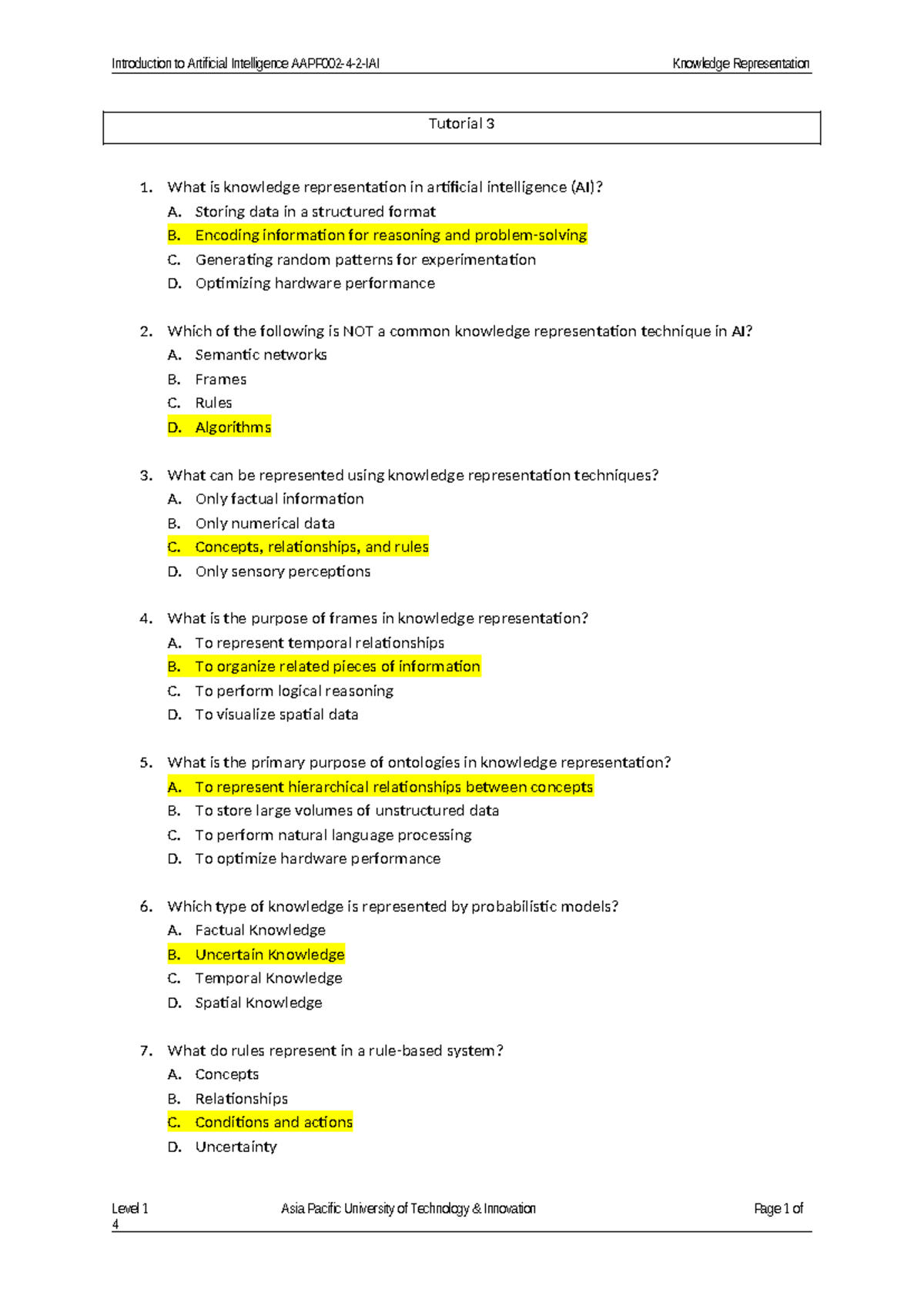 Tutorial 3 Knowledge Representation - Tutorial 3 1. What is knowledge representation in ...