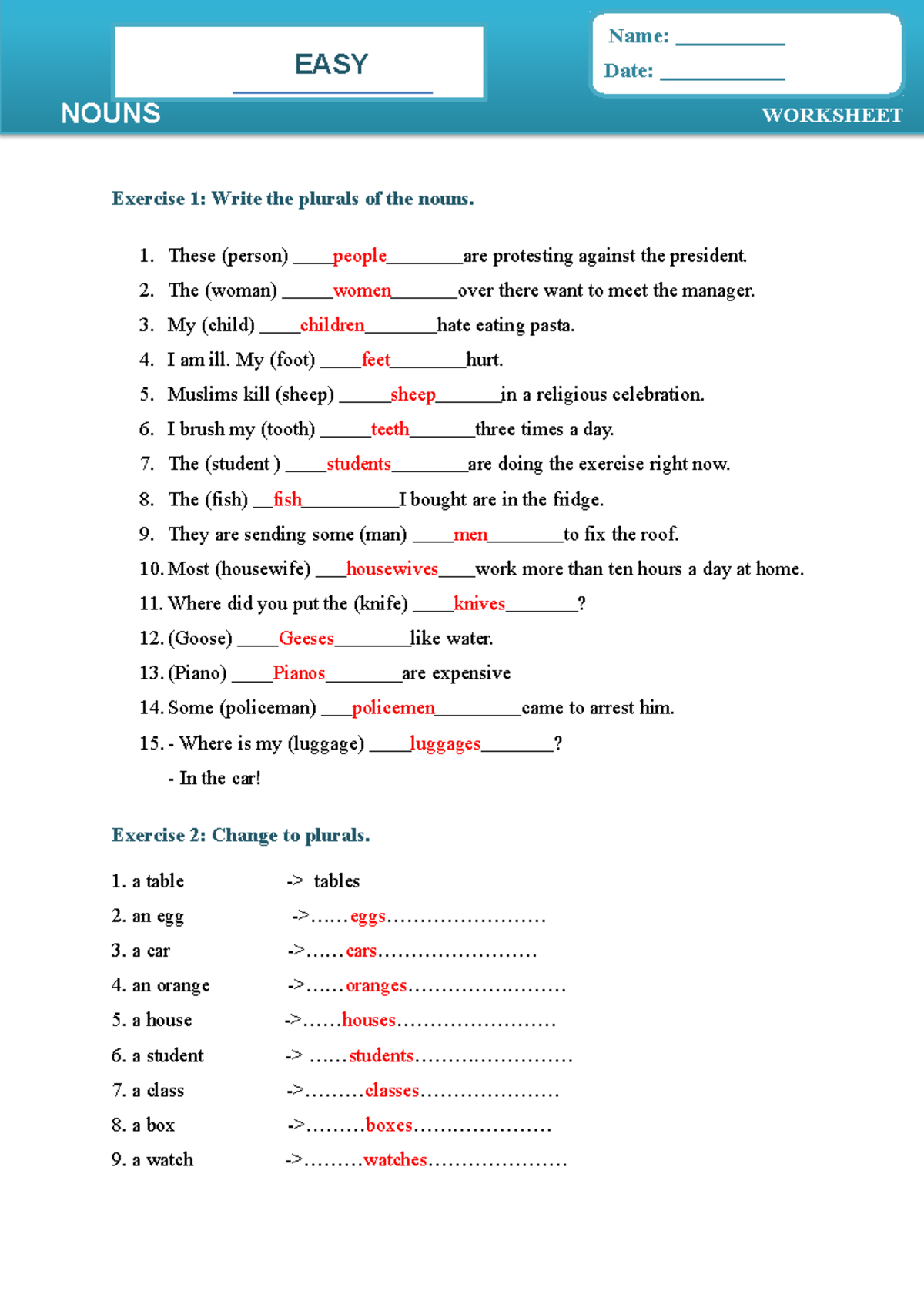Nouns- Worksheet 1 key - Key - Exercise 1: Write the plurals of the ...