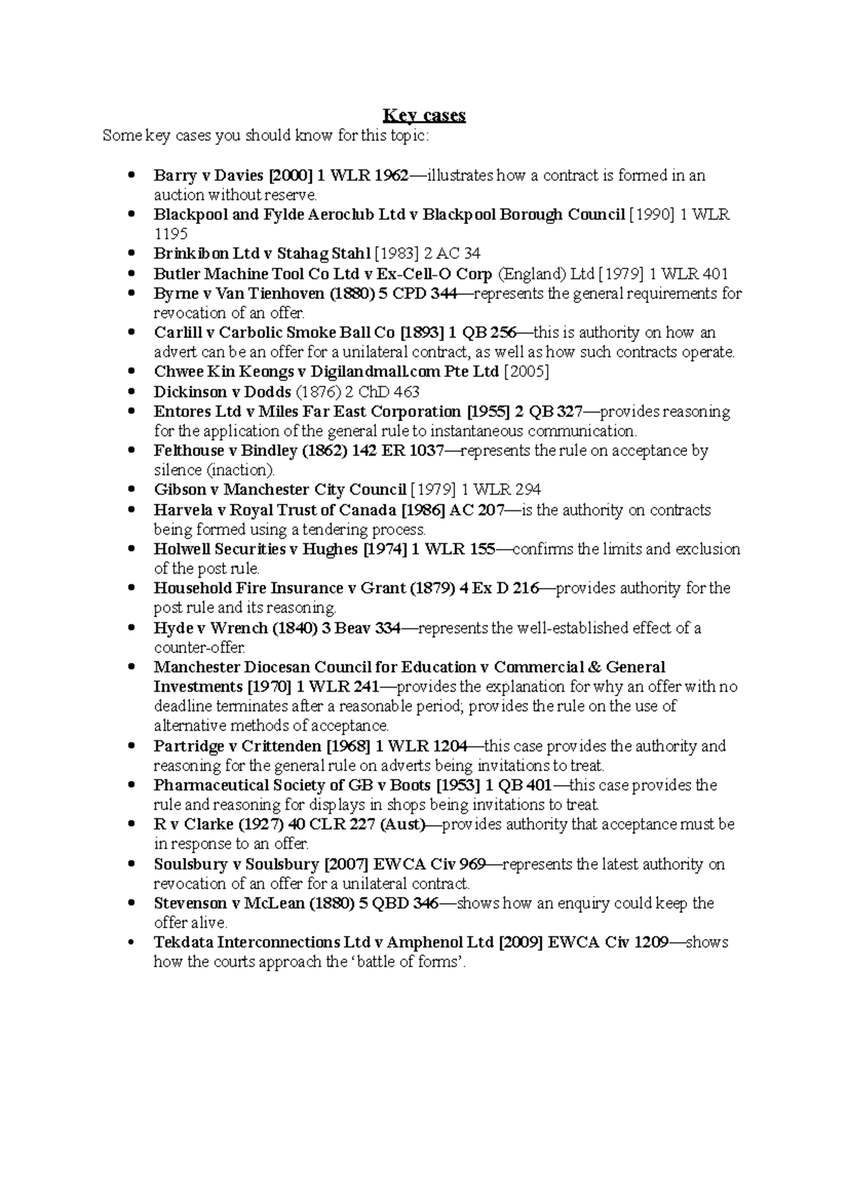 Key cases - Offer and Acceptance - Key cases Some key cases you should ...