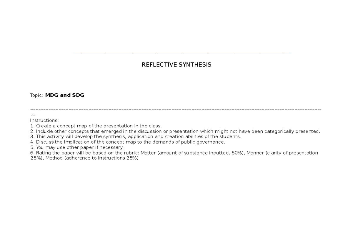 Reflective Synthesis SDG and MDG - ## REFLECTIVE SYNTHESIS Topic: MDG ...