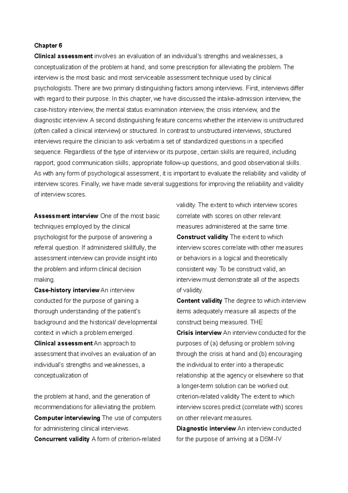 Clinical Psychology Chapter 6 - Chapter 6 Clinical assessment involves ...