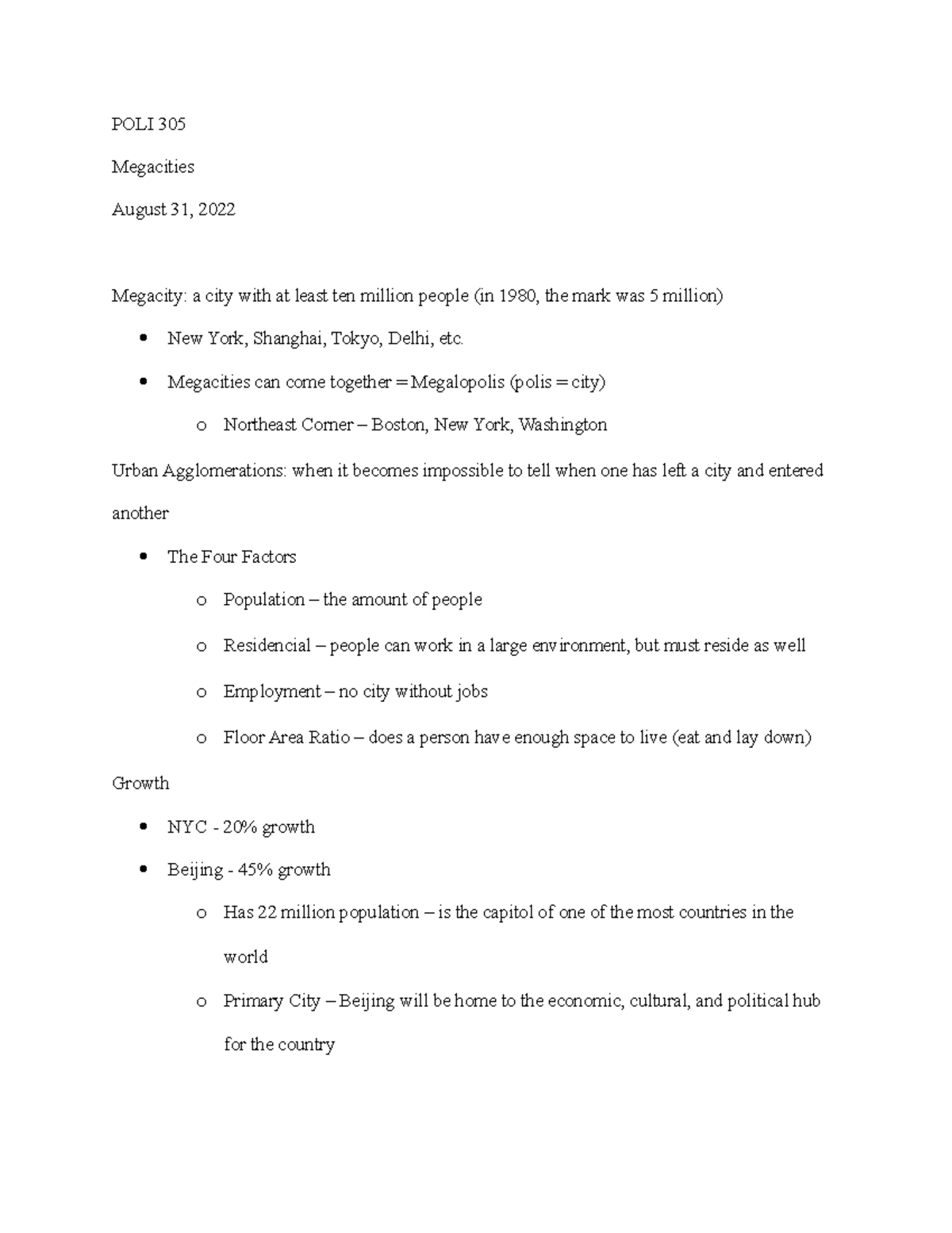 Megacities - Taught by Douglas Rivet - POLI 305 Megacities August 31 ...