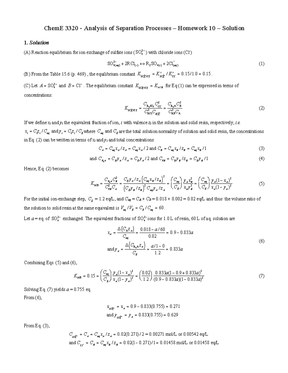 Hmwk 10 Soln Solutions Cheme 3320 Analysis Of Separation Processes Homework 10 