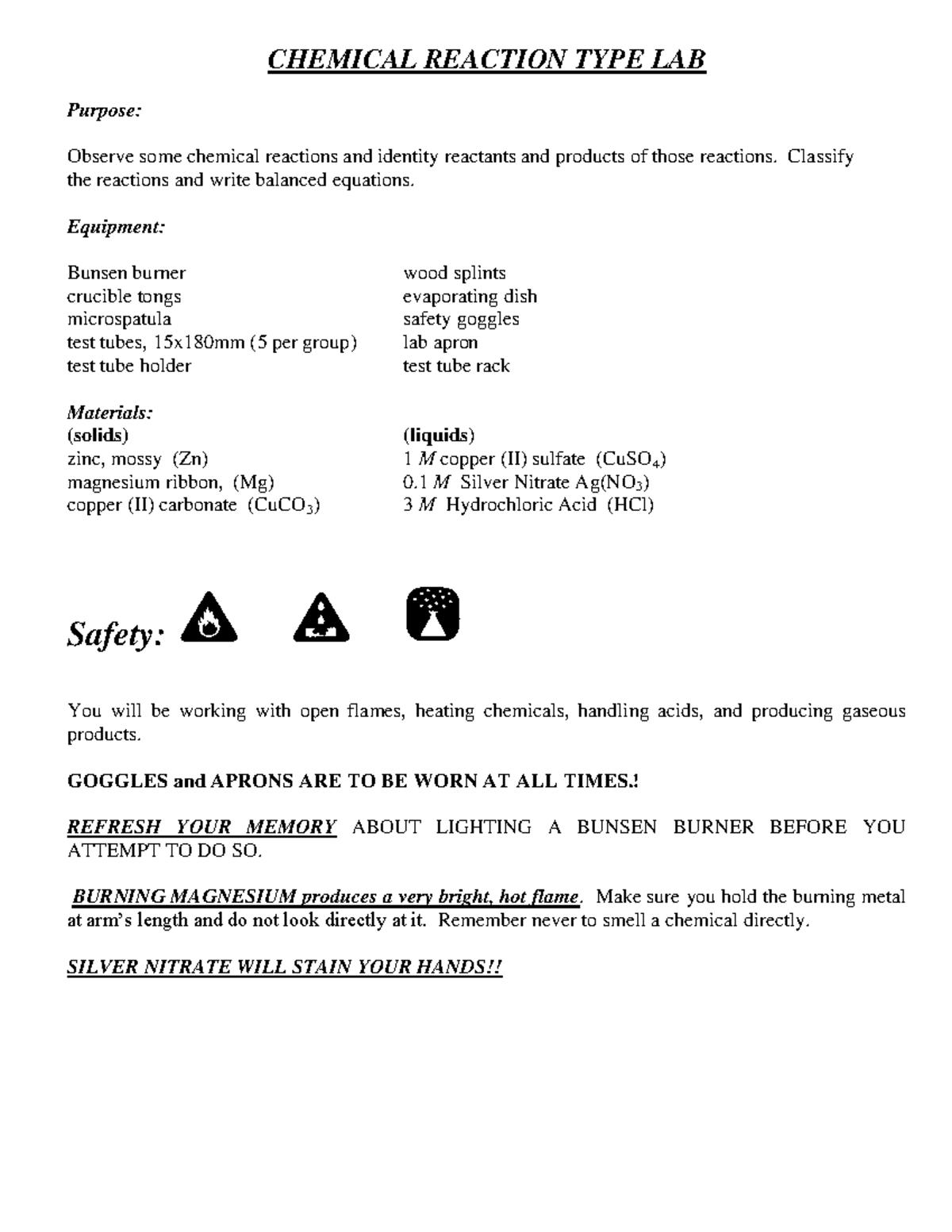 Chemical Reaction TYPE LAB - CHEMICAL REACTION TYPE LAB Purpose ...